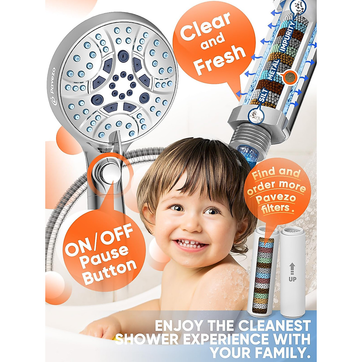 Pavezo High Pressure Handheld Shower Head with Filter, ON/OFF Switch Pause Button, 10-mode Shower Head with Hard Water Softener Filters, SS Hose, Anti-clog & Powerful Clean Tile & Pets, Premium Chrome