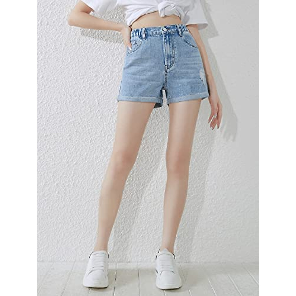 SweatyRocks Girl's Elastic Waist Ripped Jean Shorts Roll Up Hem Straight Leg Hot Pants Denim Shorts Light Wash 12-13Y