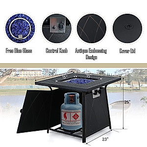 MFSTUDIO 28 Inch Propane Gas Fire Pit Table & Wicker Chairs Furniture Set with Blue Fire Glass, Multi-Function Outdoor Patio Conversation Set, 50,000 BTU, CSA Certification