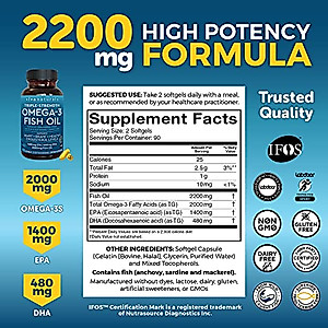Viva Naturals Triple-Strength Omega 3 Fish Oil with EPA and DHA Supplements 2,200mg, 180 Softgels