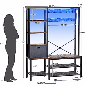 Aheaplus Hall Tree with Storage Bench, Coat Rack with LED Lights, 5-Tier Shelves, Fabric Storage Basket, Side Hooks, 71’’ Industrial 5 in 1 Large Organizer, Sturdy Metal Frame, Rustic Brown