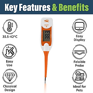 Premium Pet Thermometer for Dogs and Cats Animal Owners of Dog Puppy Cat Horse Equine Flexible Digital Rectal Temperature Dog Thermometer Probe with Vets Veterinary Hobdays Chart