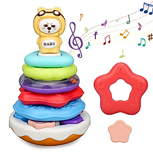 LZZAPJ Stacking Rings Baby Toy, Toddler Educational Learning Shape Sorter and Stacker Playset, Infant Face Changing Wobble Tumbler Musical Toy, Sensory Montessori Toys for Babies 6-12 Months Boy Girl