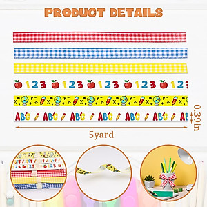 Hying 6 PCS Welcome Back to School Ribbons, 3/8" Width School Themed Grosgrain Ribbons Red Yellow Buffalo Plaid Ribbon ABC Pencils Craft Ribbons for Gift Wrapping DIY Teacher Appreciation Supplies