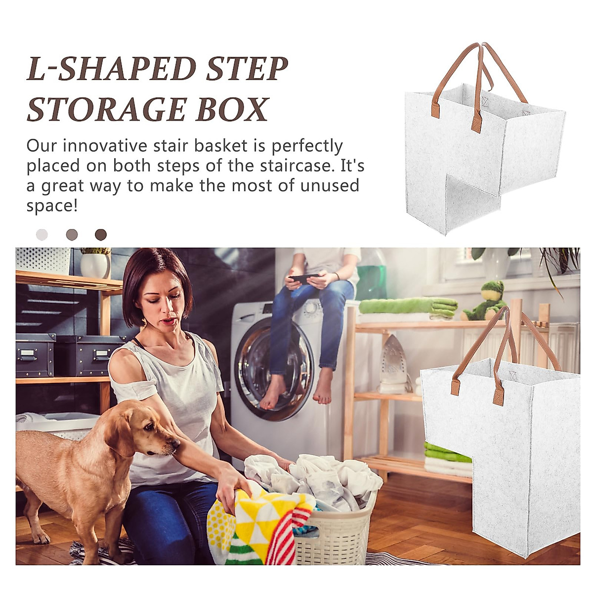 Cabilock Stair Baskets, Stair Step Storage Organizer Staircase Basket Laundry Basket Dirty Clothes Basket Toy Baskets for Laundry Clothes Hampers Containers Light Grey