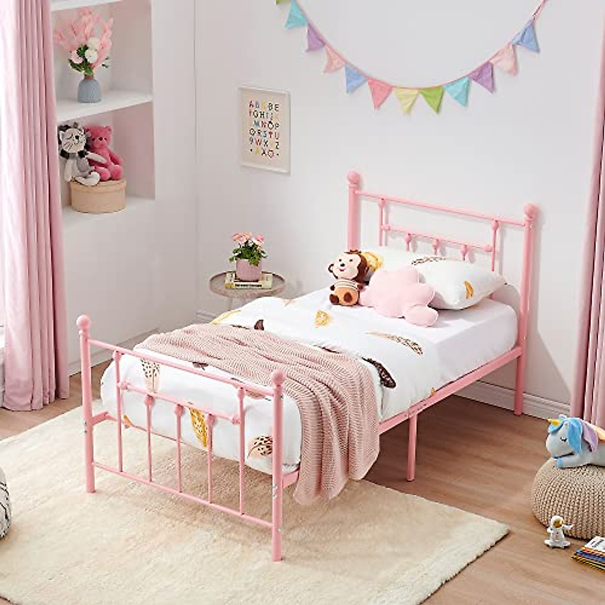 VECELO Twin Size Metal Platform Bed Frame for Girls Kids Adults, with Headboard and Footboard/No Box Spring Needed Mattress Foundation, Festival Gift Birthday Present, Pink