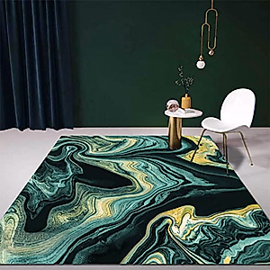 Abstract Liquid Styled Emerald Green Gold 6x8 Area Rug for Living Room Contemporary Art Decor Dining Room Playroom Carpet Soft Washable Home Office Entryway Runner Rugs