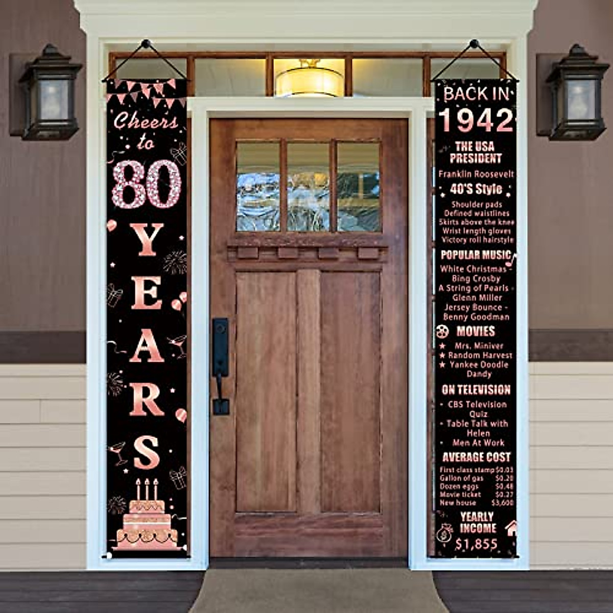 Pimvimcim 80th Birthday Door Banner Backdrop Decorations for Women, Rose Gold Cheers to 80 Years Back in 1942 Party Banner Supplies, Happy 80 Year Old Birthday Door Porch Sign Décor, Black