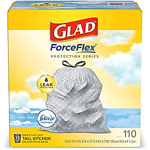 GLAD ForceFlex Tall Kitchen Drawstring Trash Bags, 13 Gallon Grey Trash Bag for Kitchen, Fresh Clean with Febreze Freshness and Leak Protection, 110 Count