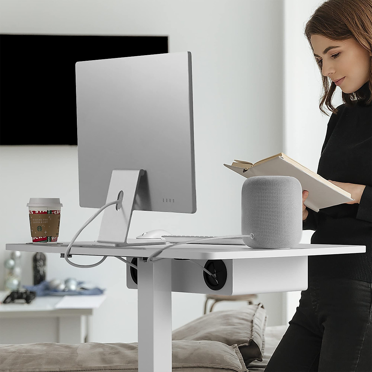 AVLT 44" Height Adjustable Foot Pedal Rolling Desk with Shelf (3 ft 8 inches) - Pneumatic Laptop Standing Desk Cart - Mobile Laptop Cart - White Computer Projector Cart with Brake Casters