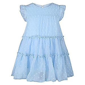 AGQT Toddler Girls Summer Dress Loose Fit Swiss Dots Flowy Pleated Dress Ruffle Babydoll Birthday Chiffon Dress Ligh Blue Size 1-2T
