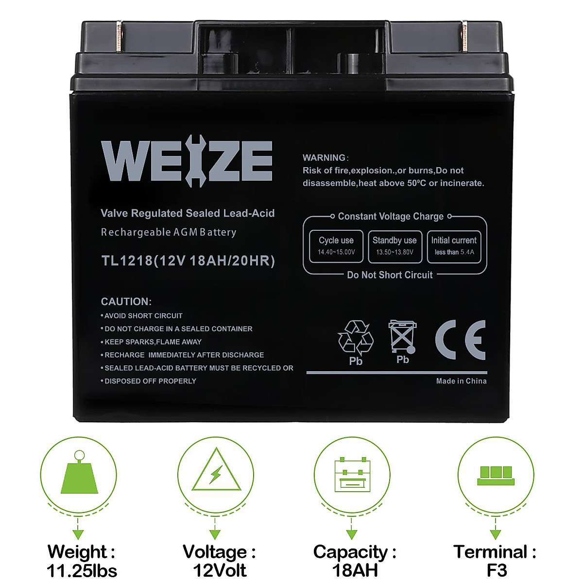 WEIZE 12V 18AH Battery with Nut and Bolt (NB) Terminal, Sealed Lead Acid Rechargeable SLA AGM Batteries Replaces UB12180 FM12180 6fm18