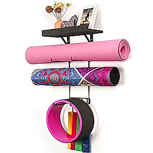 Bikoney Yoga Mat Holder Wall Mount Yoga Mat Storage Home Gym Accessories with Wood Floating Shelves and 4 Hooks for Hanging Foam Roller and Resistance Bands at Fitness Class or Home Gym Vintage Black