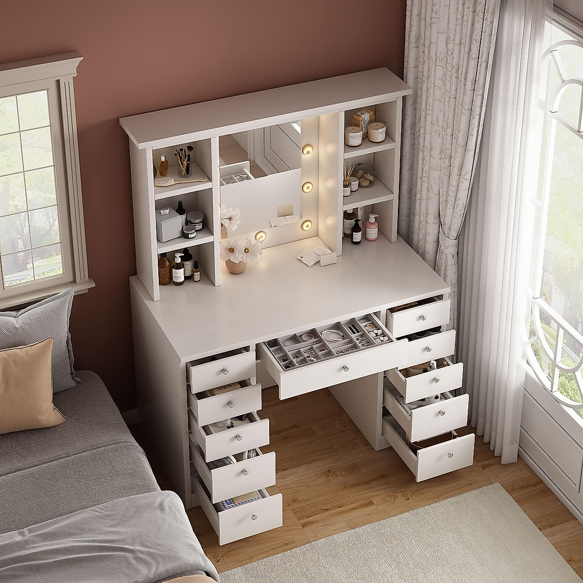 Runboll Vanity Desk with Mirror and Lights, Large Makeup Vanity with Lots of Storage, 45.3" L Dressing Table White with 10 Bulbs, 4 Open Shelves and 11 Drawers, 3 Lighting Modes, Brightness Adjustable
