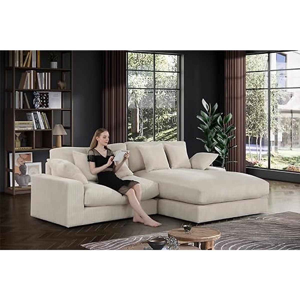 Lilola Home Mystic Beige Corduroy Reversible Sectional Sofa Chaise
