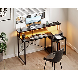 AODK Computer Desk, 48 Inch Gaming Desk with Led Lights & Power Outlet, Office Desk with Printer Storage Shelves, Reversible Desk with Monitor Shelf & Headphone Hook, Carbon Fiber Black