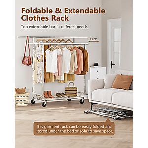 Hoctieon 2-Minute Assembly Double Rod Clothes Rack, Heavy Duty Rolling Clothing Racks with Wheels, Foldable Commercial Garment Rack, Extendable Hanging Bar, Adjustable Metal Pole with Hooks, Chrome