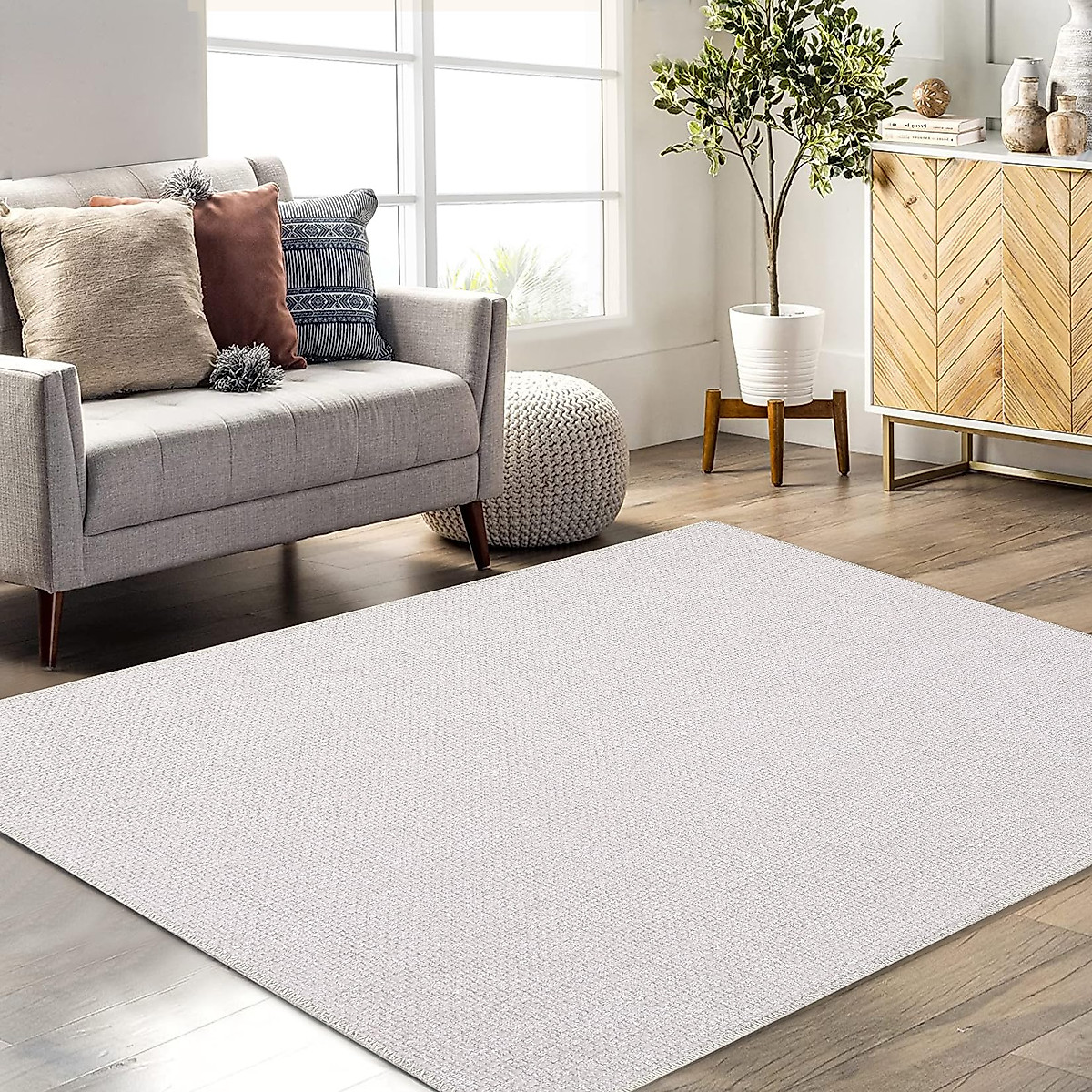 GAOMON Machine Washable Area Rug 5x7 Modern Solid Weaving Textured Area Rug for Living Room Bedroom Farmhouse Non-Slip Stain Resistant Accent Rug Carpet for Home Decor Floor Decoration, Cream