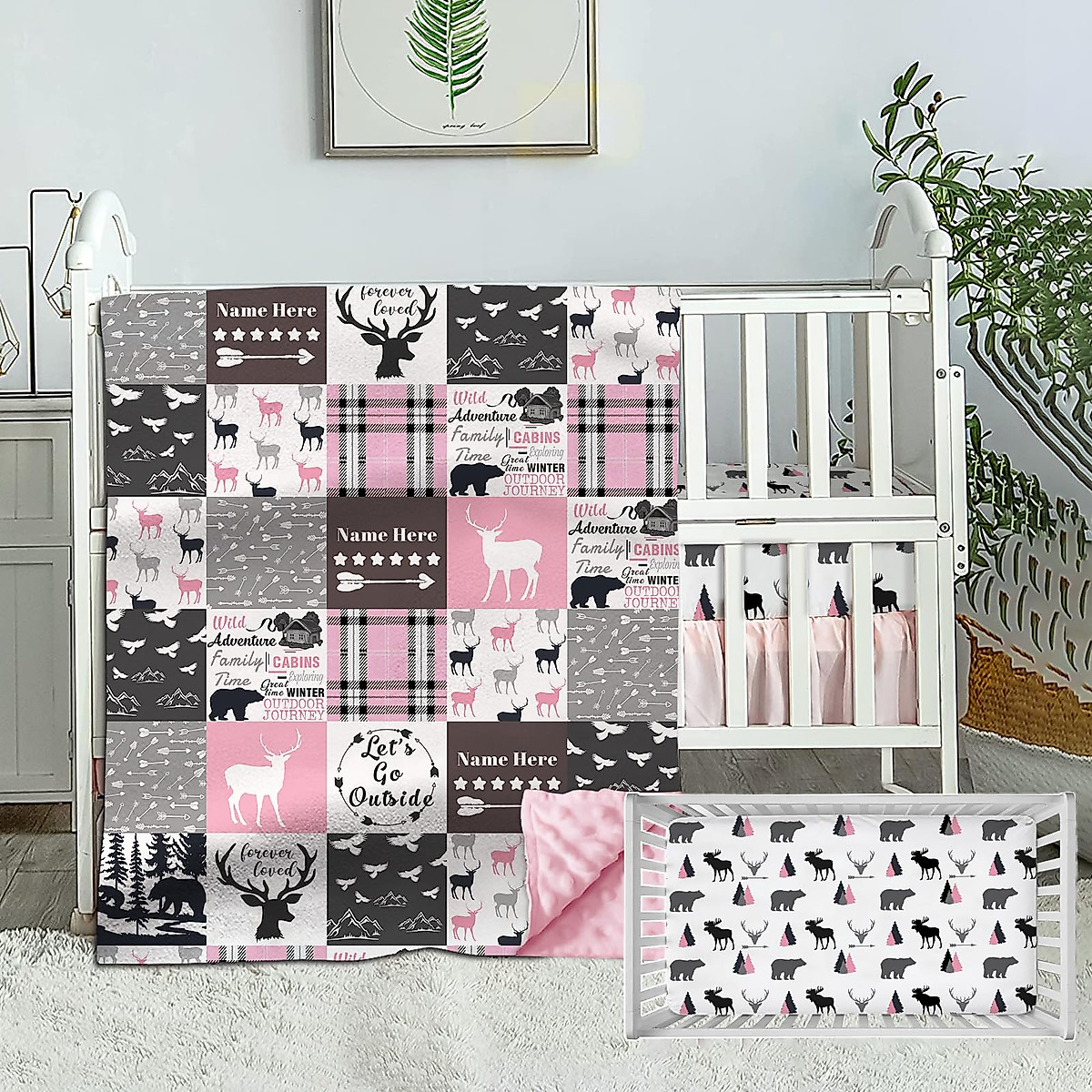Munific Personalized Baby Bedding Set for Girls, Custom Baby Sets with Name, Woodland Theme Nursery Bedding, 2 Piece Baby Bedding Sets, Deer Baby Plaid Pink Comforter, Fitted Sheet for Baby Girls