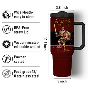 Equoza Put On The Full Armor Of God Christian Gifts for Men, Jesus Gifts Christian Coffee Mug 40 OZ Stainless Steel Tumbler,Double Wall Vacuun Insulated Cup with Lid and Straw(Pack of 1)