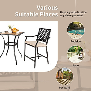 Tangkula 3 Piece Patio Bar Bistro Set, Outdoor Bar Height Stool & Table, Ergonomic Seat with Comfortable Cushion, Reinforced Steel Structure, Outside Dining Set for Poolside, Backyard (Beige)