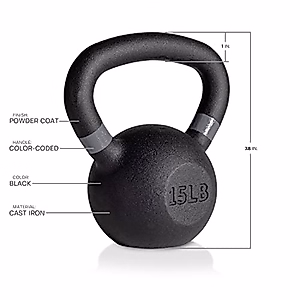 Tru Grit Fitness – Cast Iron Kettlebells – 15lb – Easy Grip Handle – Powder Coated - Home Gym or Office Strength Training Equipment