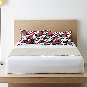 Red Grey Camouflage Pillow Covers Silk Pillowcase for Hair and Skin Soft Smooth Breathable Cooling Satin Pillowcase Standard Size Pillow Case for Bedroom Bed Sleeping (20x26 Inch)