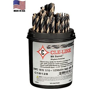Cle-Line C18128 Bit Barrel Style 1878 High Speed Steel Jobber Length Drill Set, Black and Gold Finish, 1/16" - 1/2" Size, 29 Pieces