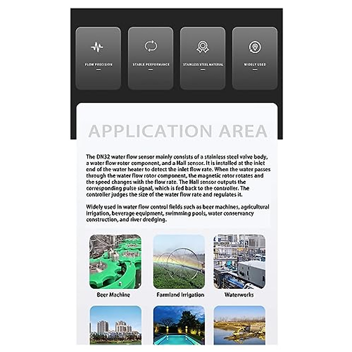 XAXAX Water Flow Meter, Water Flow Sensor, Stainless Steel Meter, Beer Machine, Beverage, Farmland Irrigation, Large Pipe Diameter DN32,Gallon, QTS, PTS, L, m³