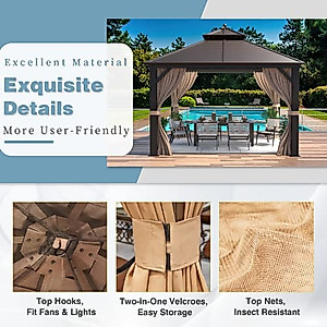 MELLCOM 12'x12' Hardtop Gazebo, Galvanized Steel Metal Double Roof Canopy Curtains and Netting, Outdoor Permanent Canopy Gazebos with Aluminum Frames for Patios, Gardens, Lawns