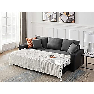 SITHAS Linen Reversible Sectional Couch Pull Out Sleeper Sofa and Chaise with Storage and 2 Steel Sstools