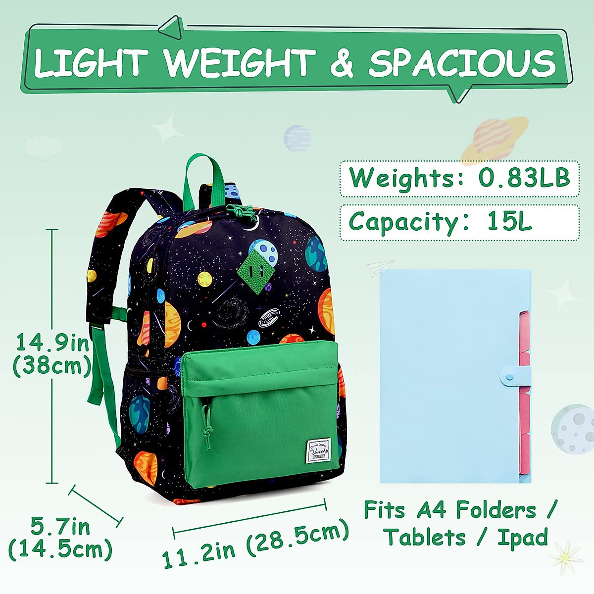 VASCHY Backpack for Boys, Kids Water Resistant Lightweight Backpack for Toddlers Daycare Preschool Space Green