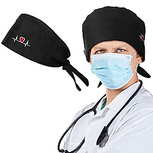 Lusofie Adjustable Working Cap with Button Sweatband Surgical Cap Nurse Hat Cotton Ponytail Holder Scrub Caps Tie Back Hats for Women Men
