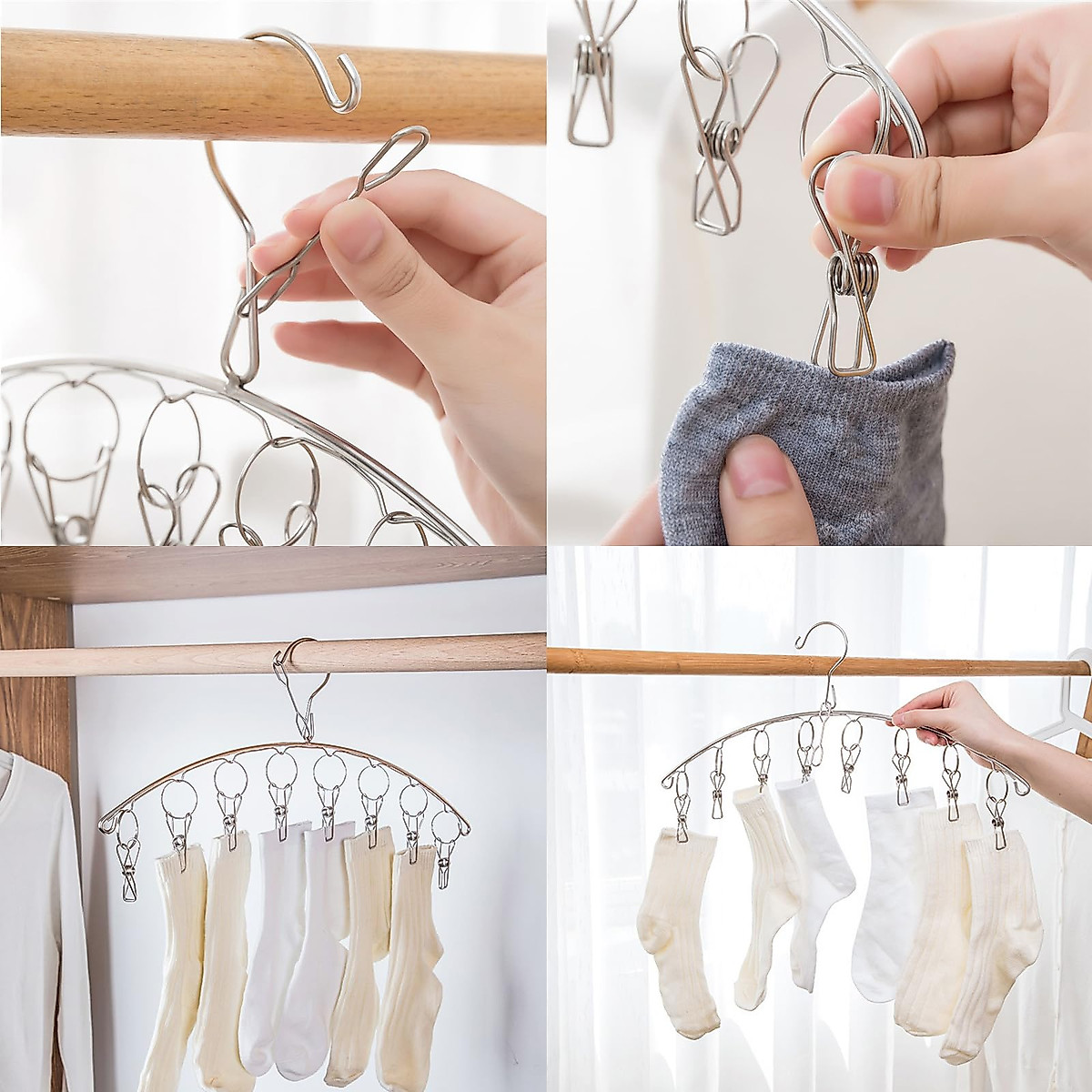 Skroad Stainless Steel Laundry Drying Rack Clothes Hanger with Windproof Hook,Underwear Hanger,Clothes Hangers with 8 Clips for Drying Socks,Diapers,Baby Clothes(2 Pack)