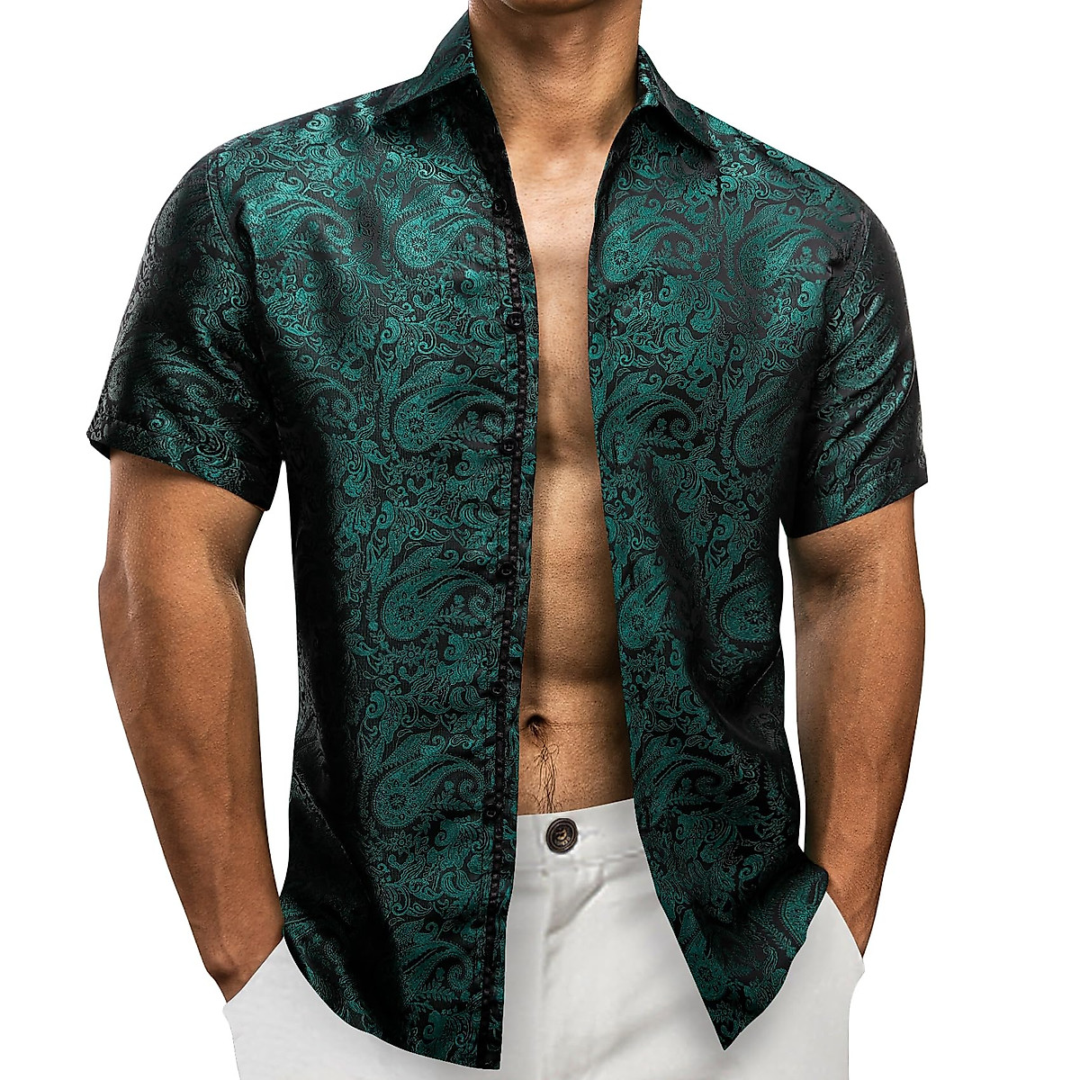 Men's Silk Shirt Paisley Floral Jacquard Short Sleeve Button Down Dress Shirts Formal Casual Wedding Party Deep Green