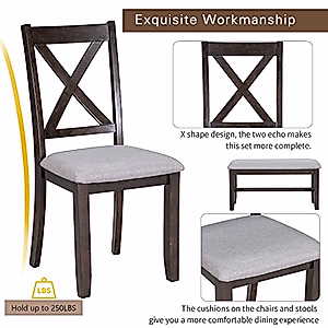 KoiHome Rustic, Family Solid Wood Space Saving 4 Chairs and Bench with Cushion Room, Distressed Finish, Set of 6 (Espresso), 6-Piece Foldable Dining Table Set