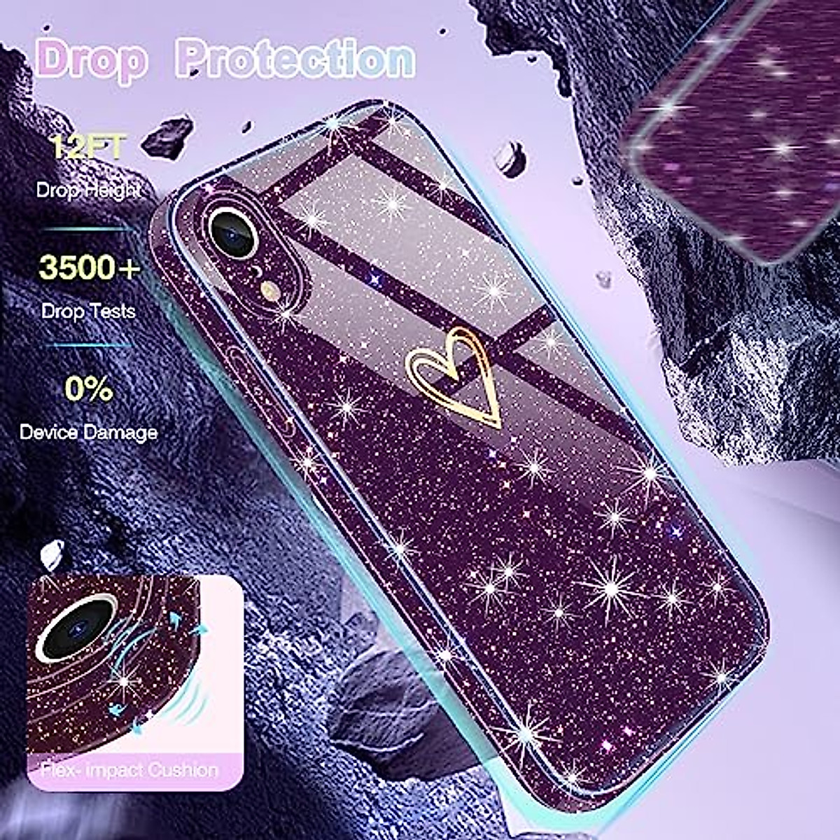 Qviskteme for iPhone XR Case Cute,Clear Glitter with [1 x Tempered Glass Screen Protector] Sparkly Bling Shockproof Bumper Protective Soft Silicone Phone Cover Case for Women Girls(Dark Purple)
