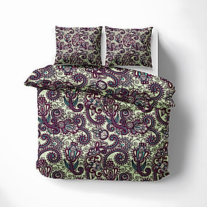 FJWXCBD Paisley Floral Bedding King Size Duvet Cover Set 3 Piece, Vintage Bohemian Bedroom Decor, Boho Medallion Duvet Cover & 2 Pillow Shams, with Zipper & Ties, Super Soft Microfiber