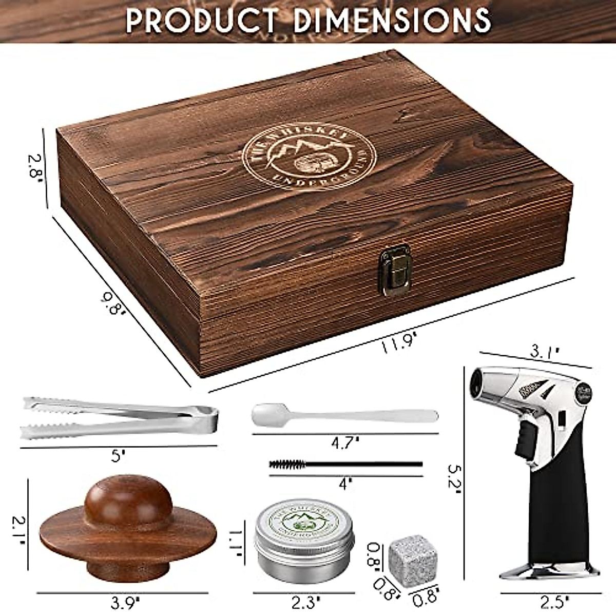 The Whiskey Underground Whiskey Smoker Kit - Cocktail Smoking Kit With Smoking Top, Butane Torch, Tongs, Whiskey Stones - Apple, Cherry, Oak, Walnut Wood Chips - Premium Wooden Box - 11.88x9.96x2.75 Great Gift Set For Husband, Father, Groomsmen. Perfect f
