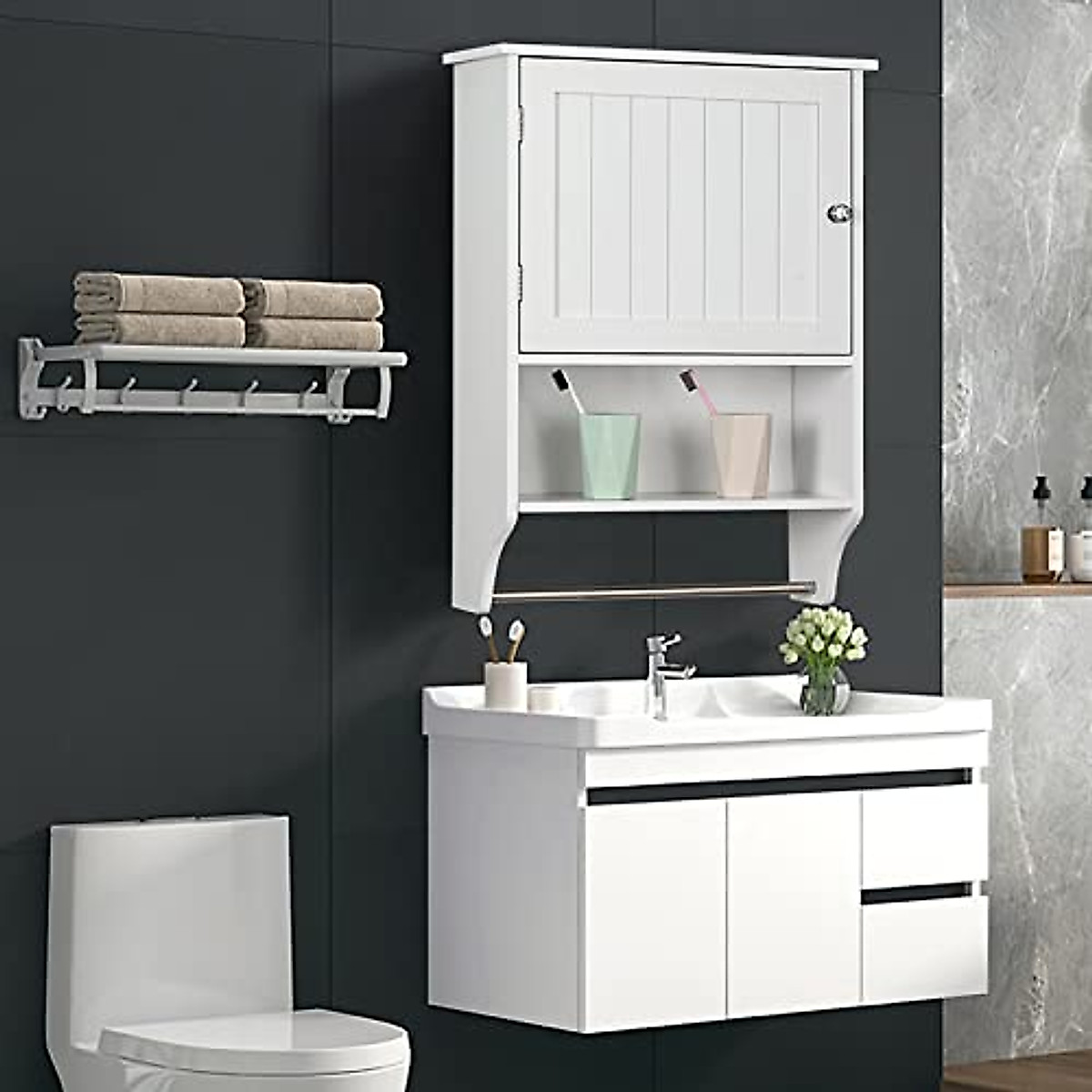 Iwell Bathroom Wall Cabinet with Adjustable Shelf in 3 Positions & Towel Bar, Medicine Cabinet with Door, Wall Mount Bathroom Cabinet, Over The Toilet Space Saver Storage Cabinet, White