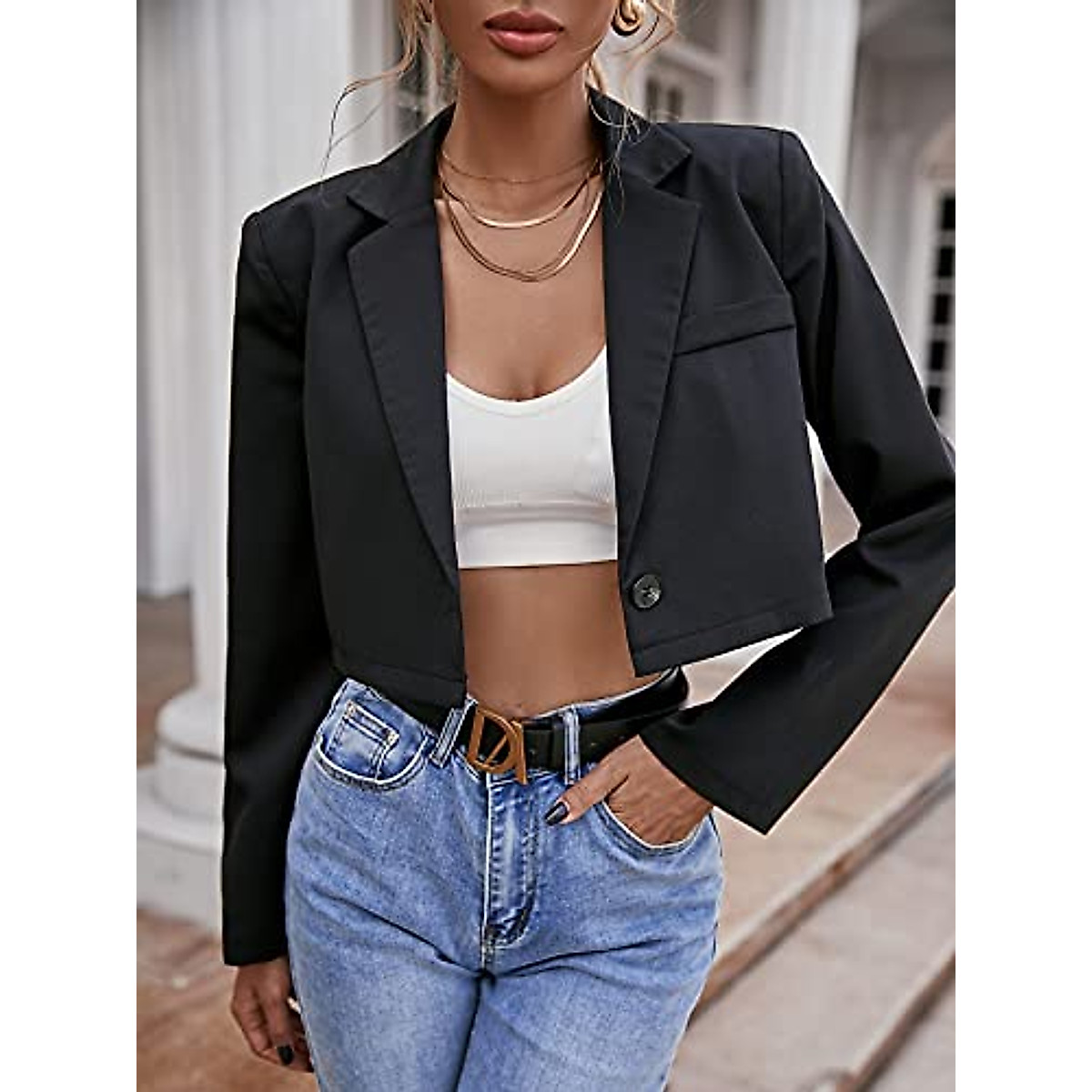 Milumia Women's Collarless Work Office Business Casual Cropped Blazer Jacket Black Small