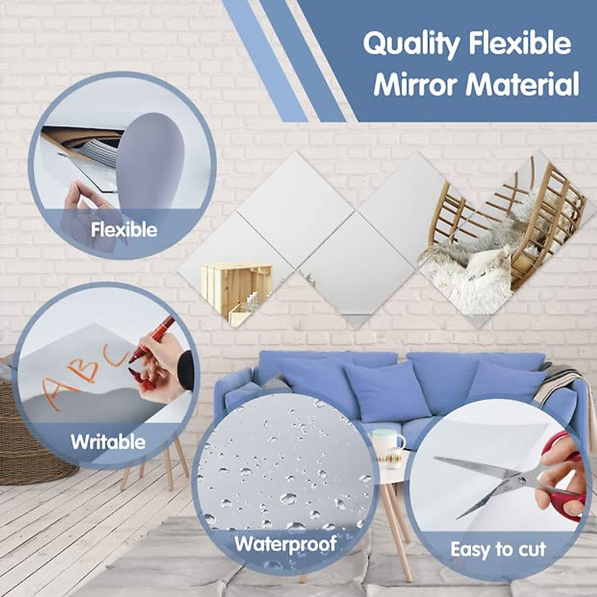 12 Pcs Acrylic Flexible Mirror Sheets, 12 x 12 in Mirror Tiles Self Adhesive Square Cuttable Mirror Wall Stickers Non Glass Acrylic Safety Reflective Mirror for DIY Craft Home Wall Decoration