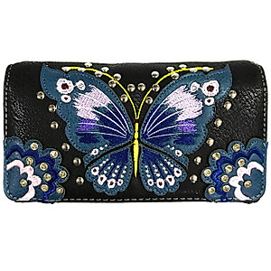 Zelris Peacock Butterfly Floral Embroidery Crossbody Trifold Wallet (Black)