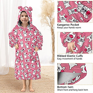 TSENQUE Dog French Bulldog Valentine Pink Wearable Blankets for Kids Girls Pullover Fleece Boys Hoodie Sweatshirt Oversized L