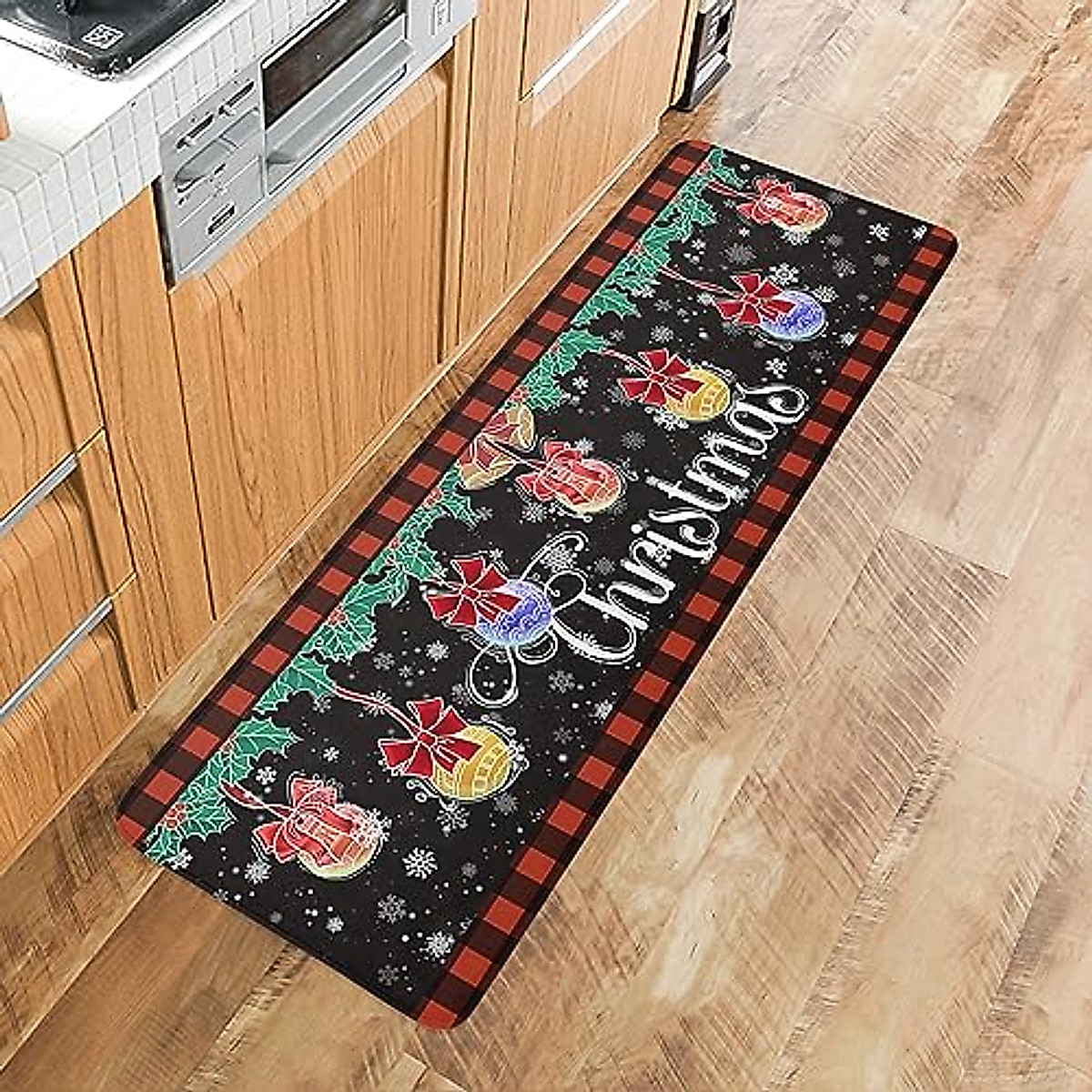 Libaoge Kitchen Mat Rug 1 PCS Christmas Balls Red and Black Buffalo Plaid Runner Rug Anti-Fatigue Comfort Memory Foam Standing Mat Non-Slip Floor Door Mat for Bathroom Bedroom 16x47in