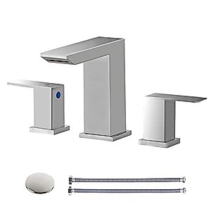 HOTIS HOME Modern 3 Hole Waterfall Bathroom Faucet, Bathroom Faucets for Sink 3 Hole, Brushed Nickel 8-Inch Vanity Faucet, 2 Handle Widespread Bathroom Sink Faucet with Supply Hoses and Drain