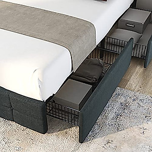 Allewie Upholstered Queen Size Platform Bed Frame with 4 Storage Drawers and Headboard, Square Stitched Button Tufted Mattress Foundation with Wooden Slats Support, No Box Spring Needed, Grey