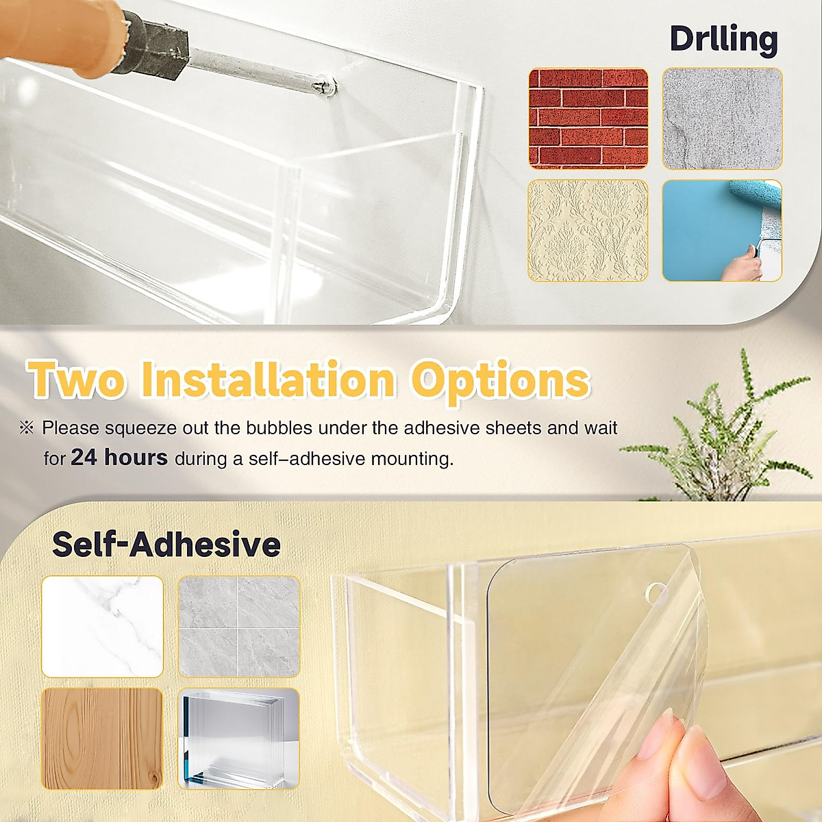 GTJ Acrylic Shelves, 4-Pack Spice Rack Wall Mount, Clear Book Shelves for Wall, Spice Organization, Vinyl Wall Mount, Cabinet, Pantry Door, Kitchen, Bedroom, Self-Adhesive and Drilling