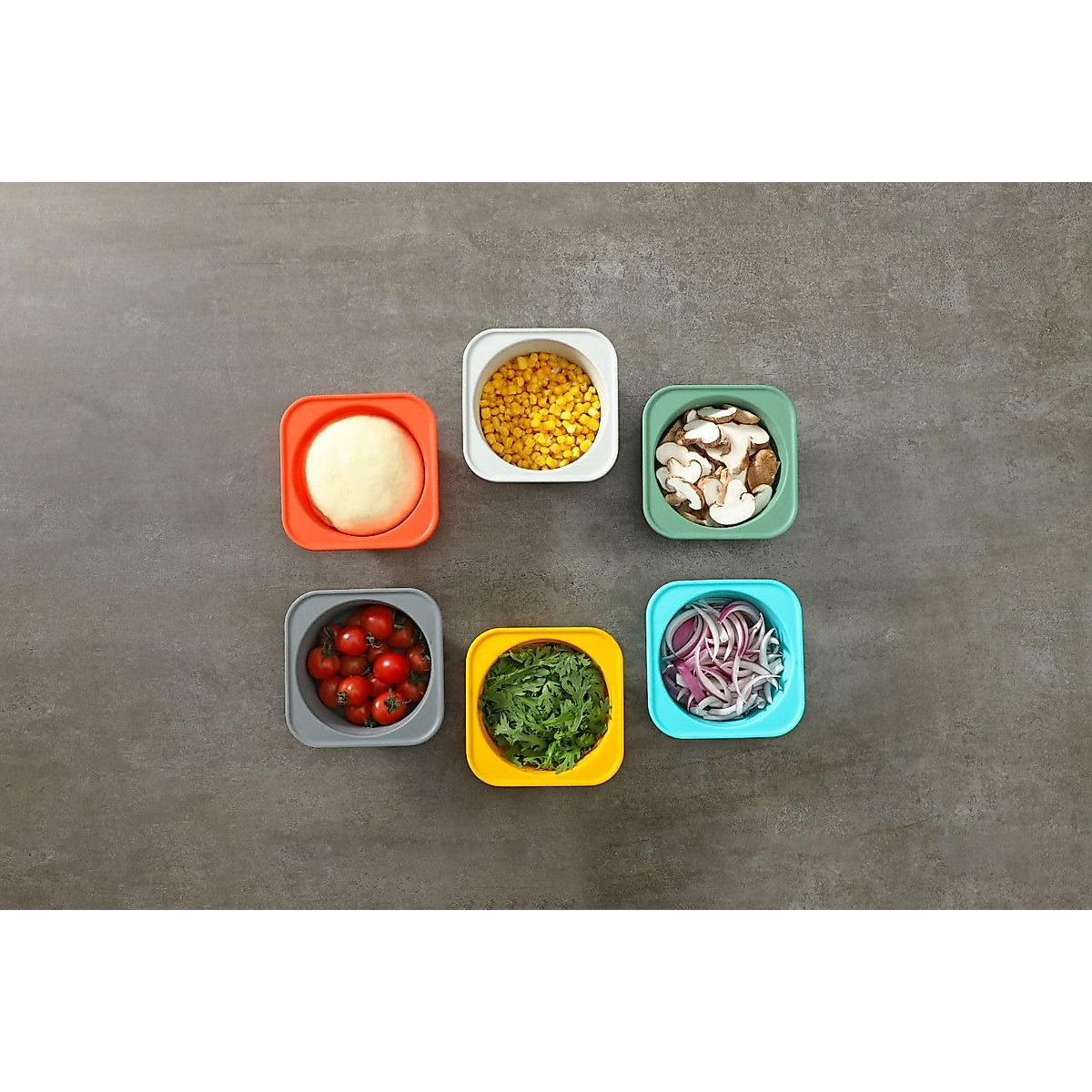 KEVJES Stackable Silicone Pizza Dough Tray with Lids-500ml portion-6pack (2 Green+2 Blue+2 Grey)