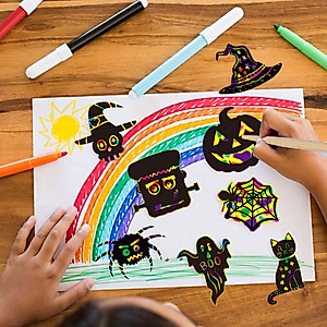 CCINEE 80pcs Halloween Theme Scratch Paper Rainbow Scratch Art Paper Craft Kit with 12pcs Wooden Styluses and 80pcs Ribbons for Halloween Party Supplies